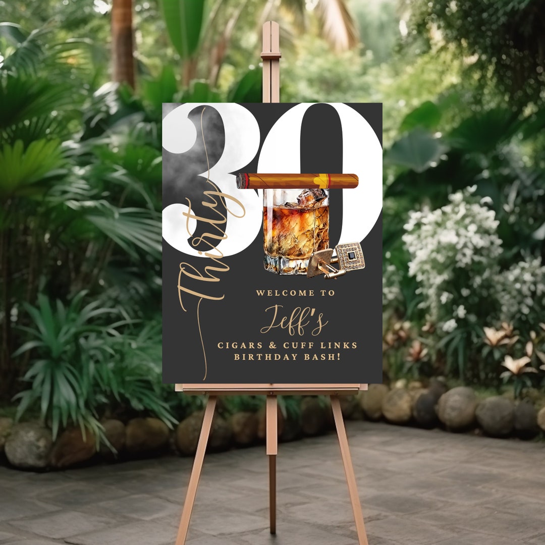 Customizable Black & Gold Whiskey and Cigars Party Welcome Sign With ...