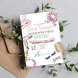 Pink Girls Sleepover Party Invitation | Editable Slumber Party Invite ...