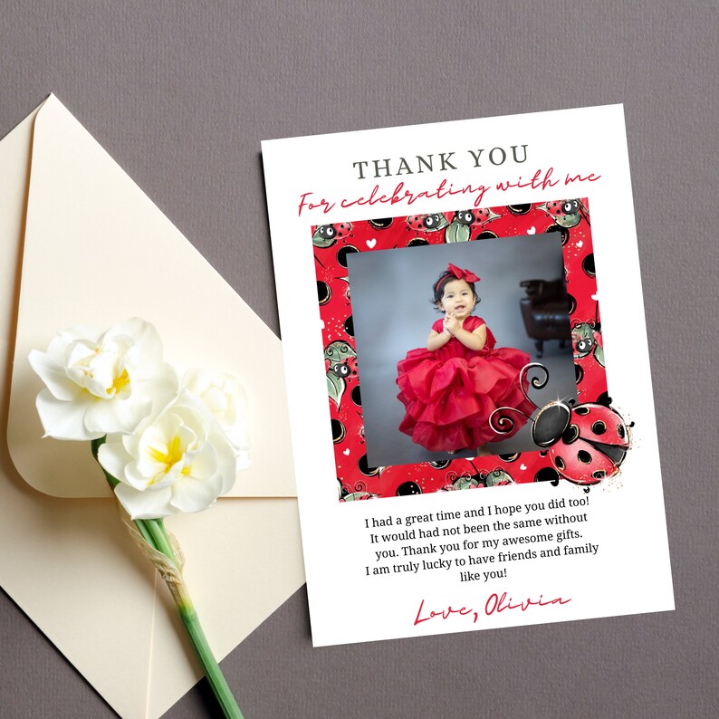 Ladybug Photo Birthday Thank You Card Lady Bug Birthday Thank - Etsy