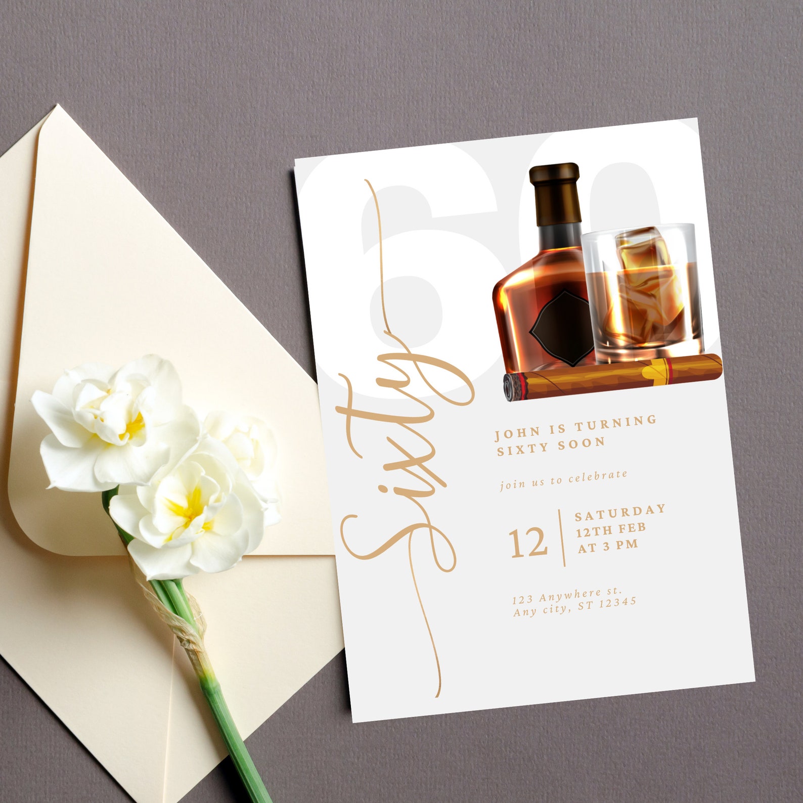 Adult Whiskey and Cigar Birthday Invitation, Editable Any Age Men's ...