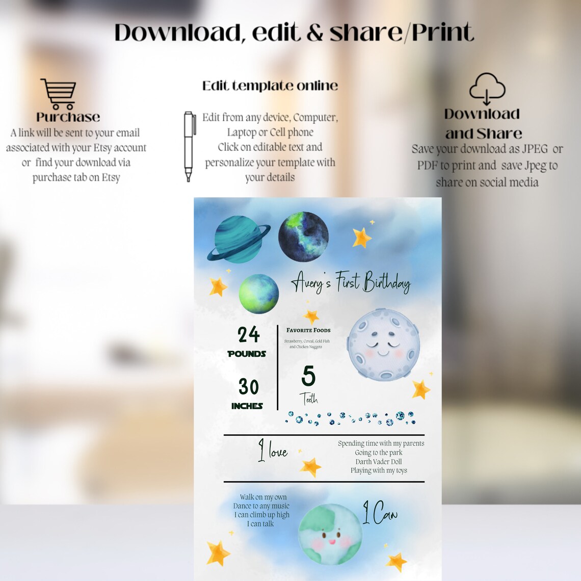 Space Birthday Milestone Sign Template | Blue Galaxy First Birthday ...