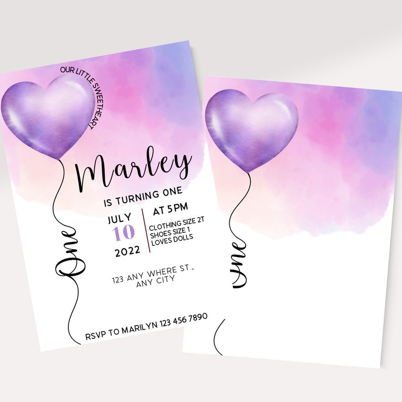 Valentine Purple Heart Birthday Invitation, First Birthday Invite ...