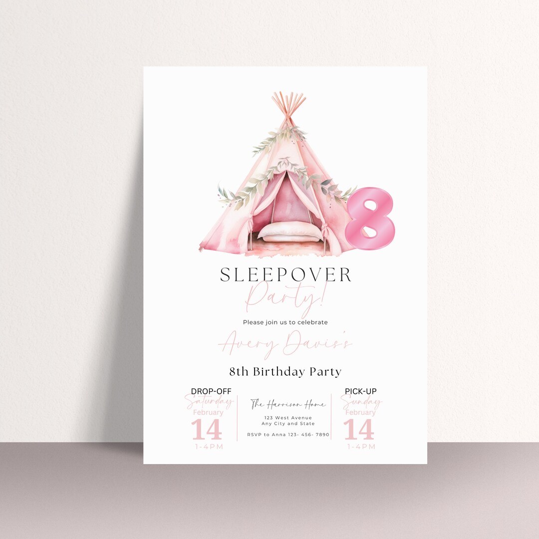 Editable Sleepover Party Invitation - Pink Pastel Tee-pee Tent Slumber ...
