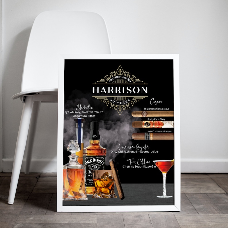 Whiskey and Cigar Birthday Bar Menu Sign, Men's Cigar Birthday Banner ...