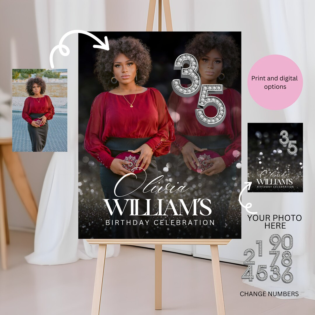 Custom Black & Silver Glitter Birthday Photo Welcome Sign Template ...