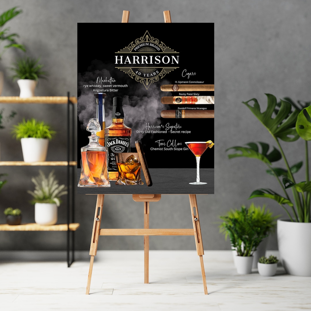 Whiskey and Cigar Birthday Bar Menu Sign, Men's Cigar Birthday Banner ...