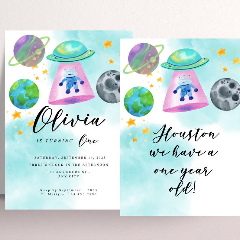 Space Alien Birthday Invitation Template Turquoise Galaxy - Etsy