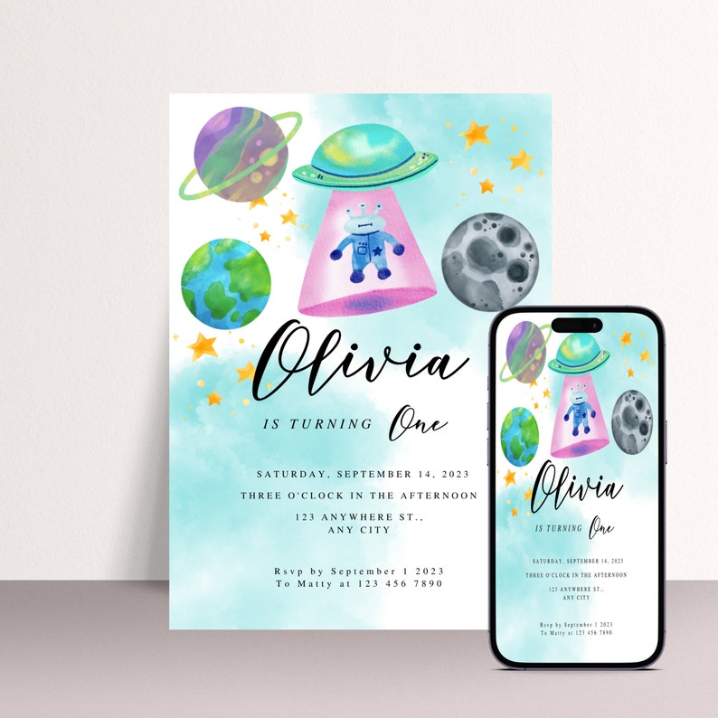 Space Alien Birthday Invitation Template Turquoise Galaxy - Etsy