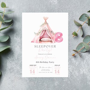 Editable Sleepover Party Invitation - Pink Pastel Tee-pee Tent Slumber ...