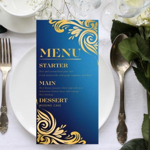 Royal Blue & Gold Wedding Menu Design | Customizable Elegant Engagement ...