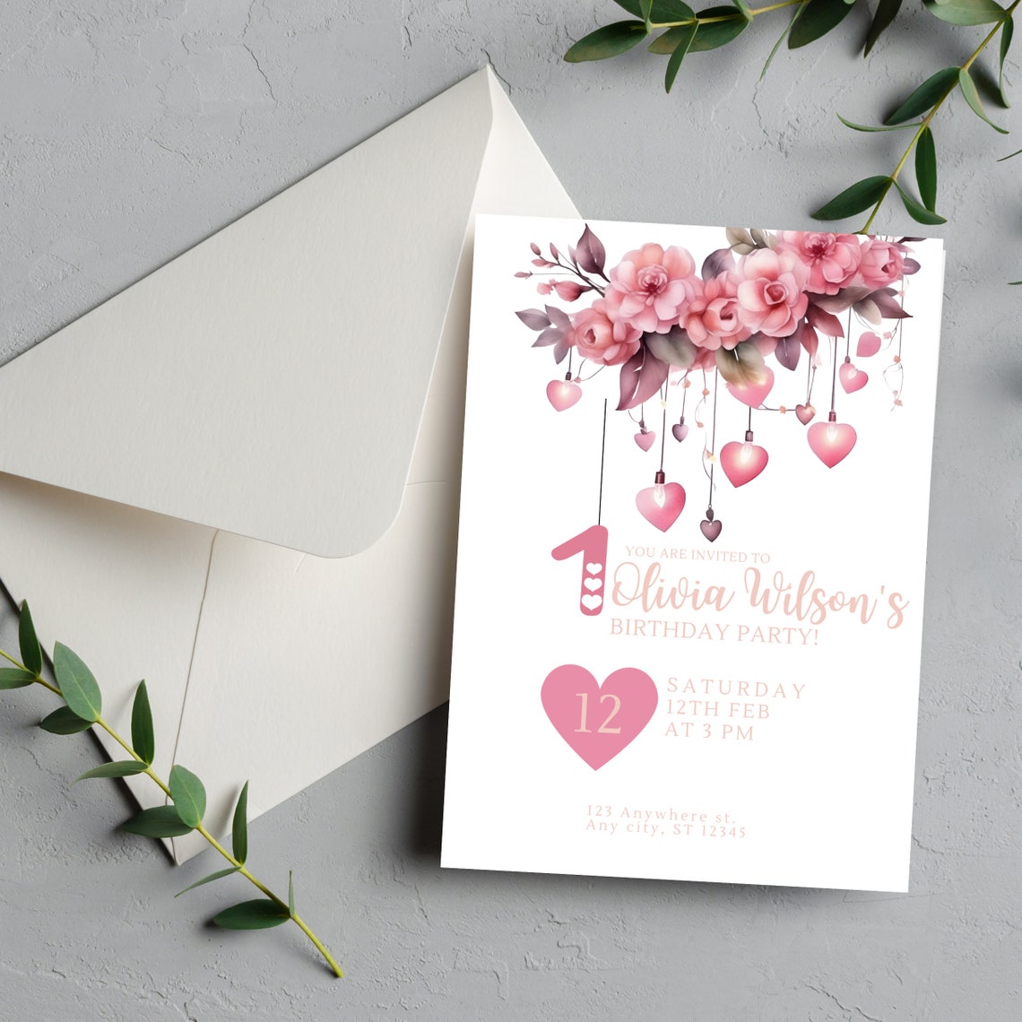 Floral Heart Birthday Invitation Template Fairy Lights Party - Etsy