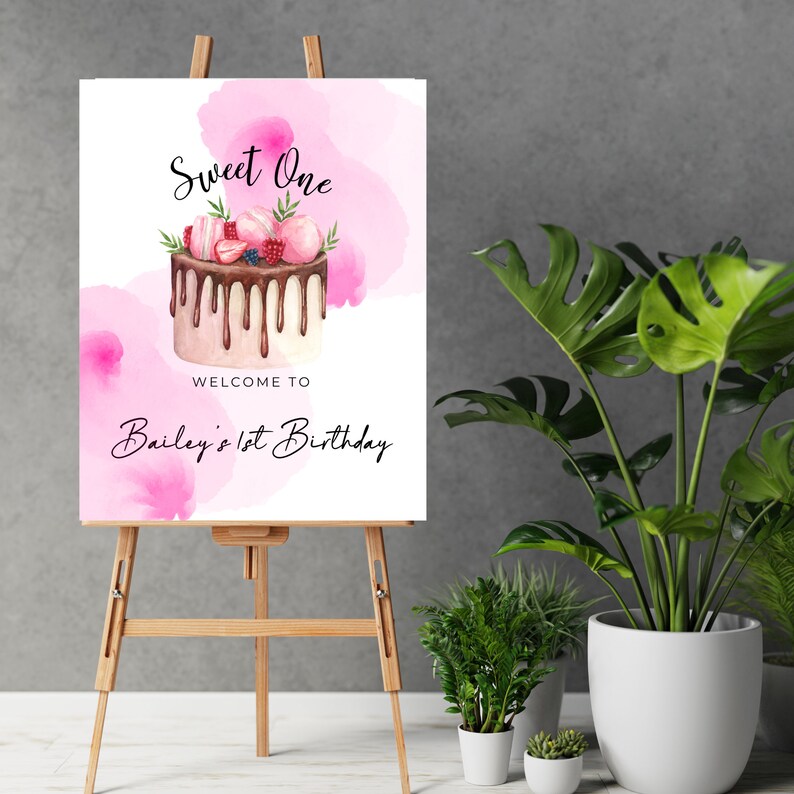 Sweet One Birthday Cake Welcome Sign, 1st Birthday Party Signs, Pink ...