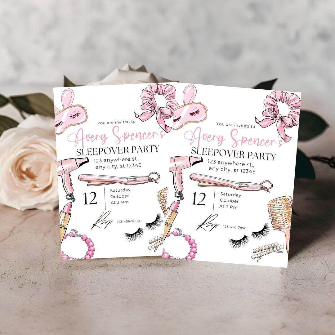Pink Girls Sleepover Party Invitation | Editable Slumber Party Invite ...