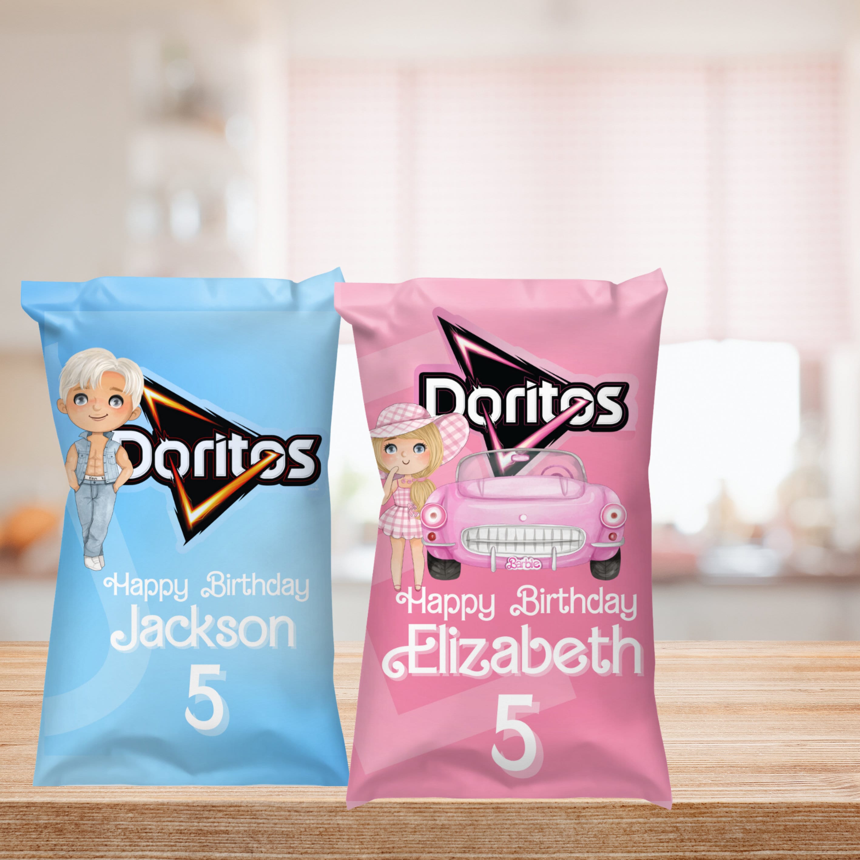 Pink and Blue Doll Theme Birthday Chip Bag Template, Editable Fashion ...