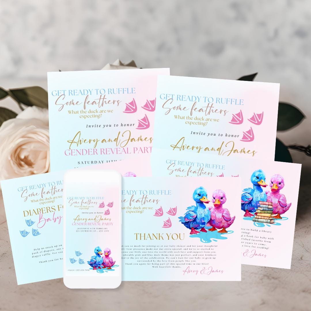 Editable Gender Reveal Invitation Suite Pink & Blue Ducks | Unique ...