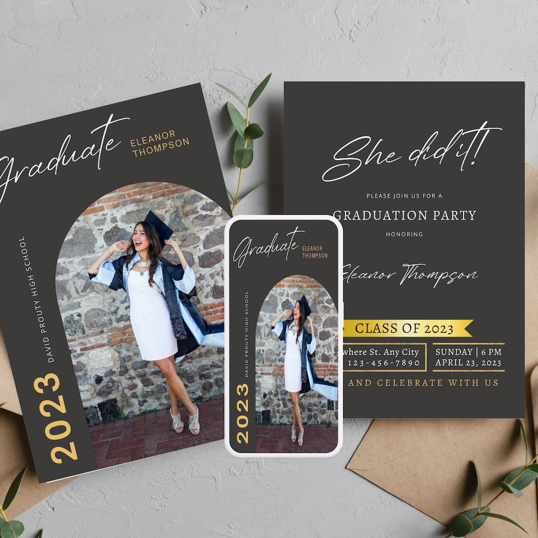 She Did It! Arched Graduation Photo Announcement, Grad Party Template, Minimalist Graduation ...
