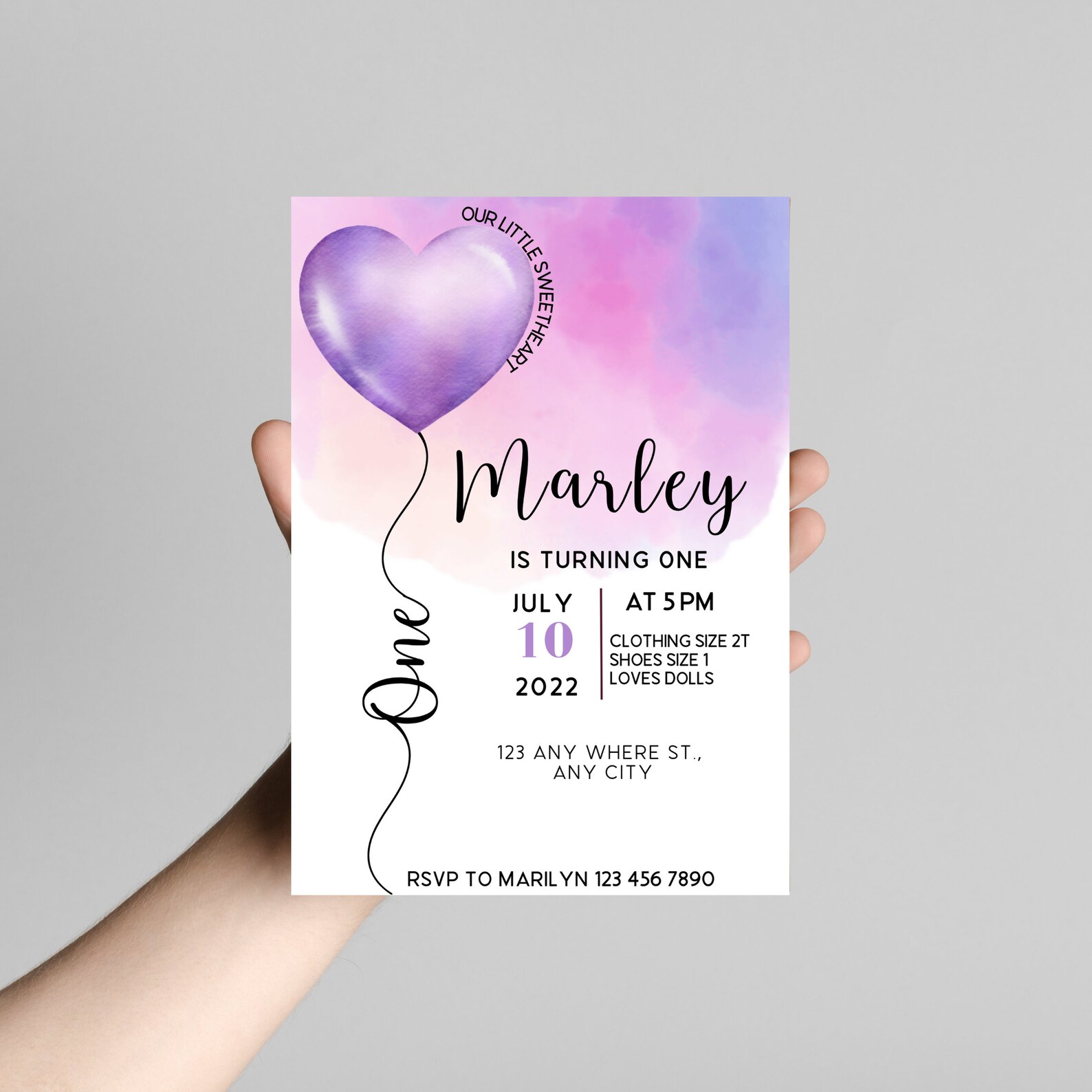 Valentine Purple Heart Birthday Invitation, First Birthday Invite ...