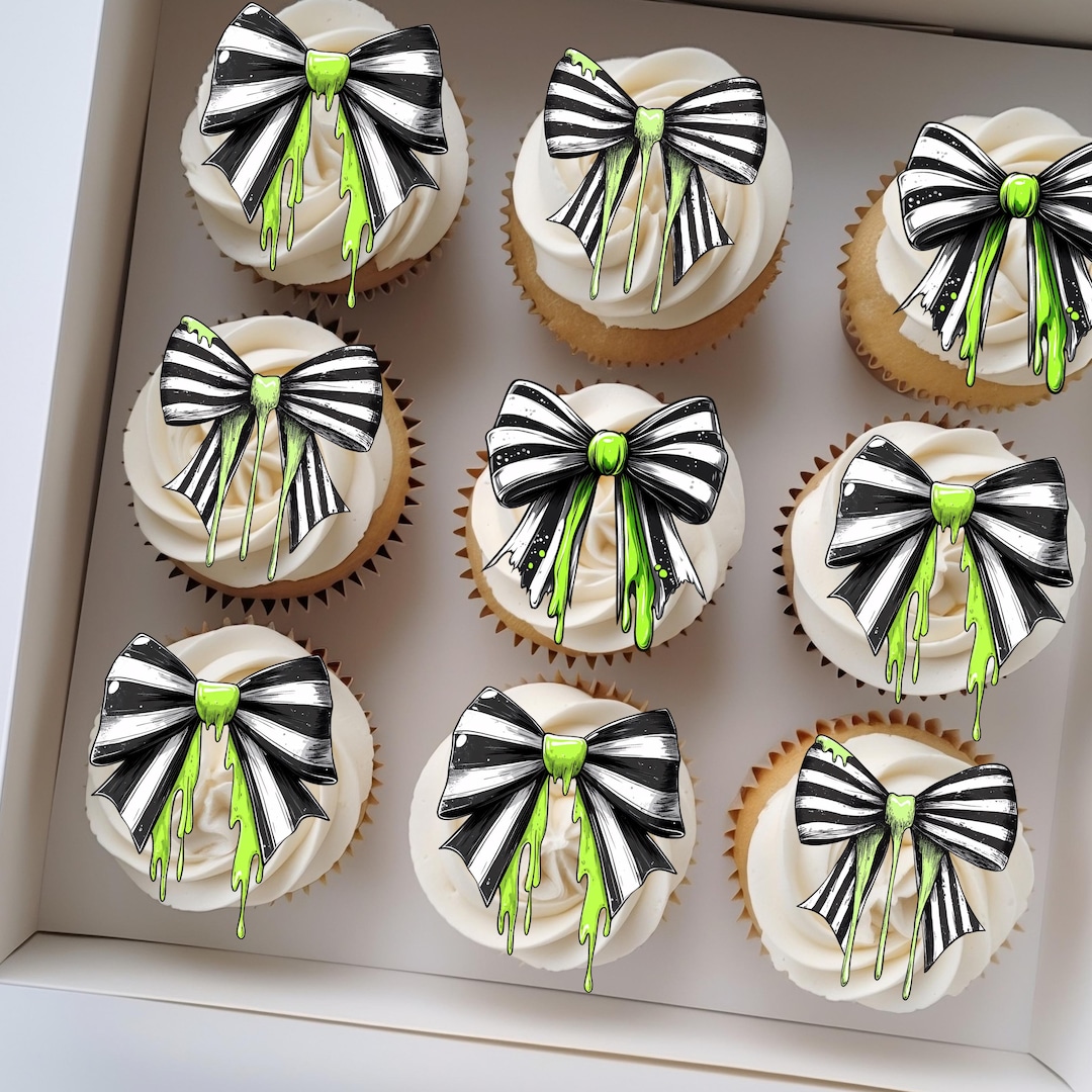 Black and White Stripe Bow Cupcake Topper, Green Slime Bow Cake Topper ...