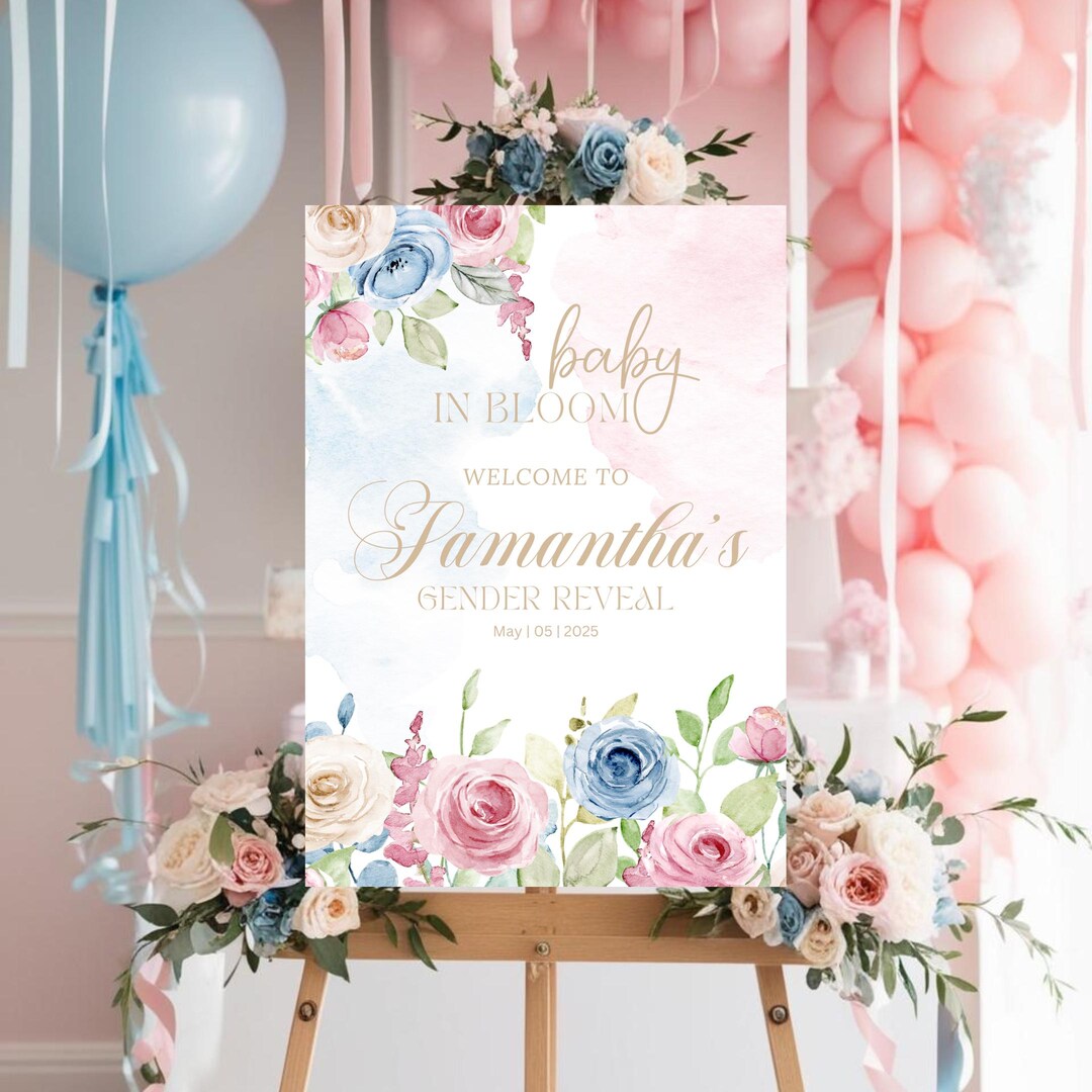 Pastel Pink & Blue Roses Welcome Sign - Gender Reveal Baby Shower Sign ...