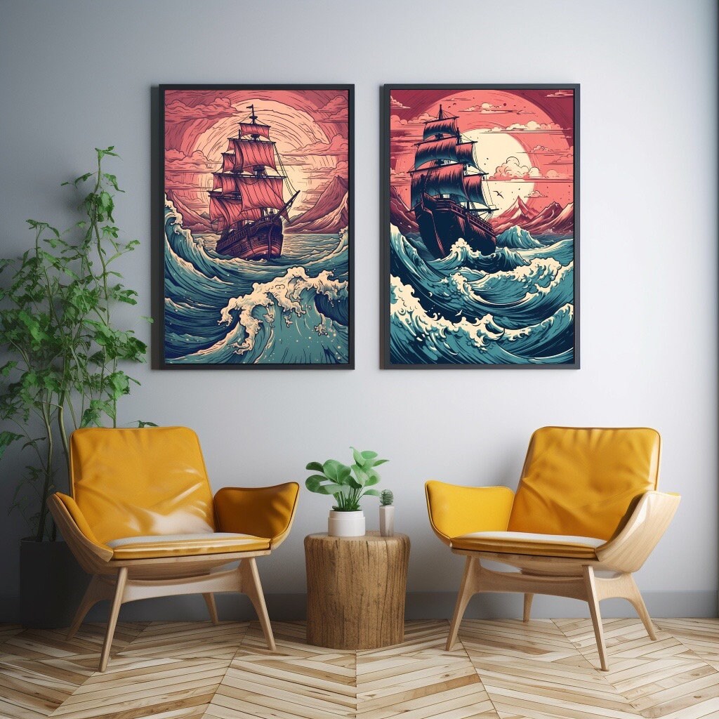 Pirate Ship on the Ocean Print, Printable Digital Poster, Nautical ...