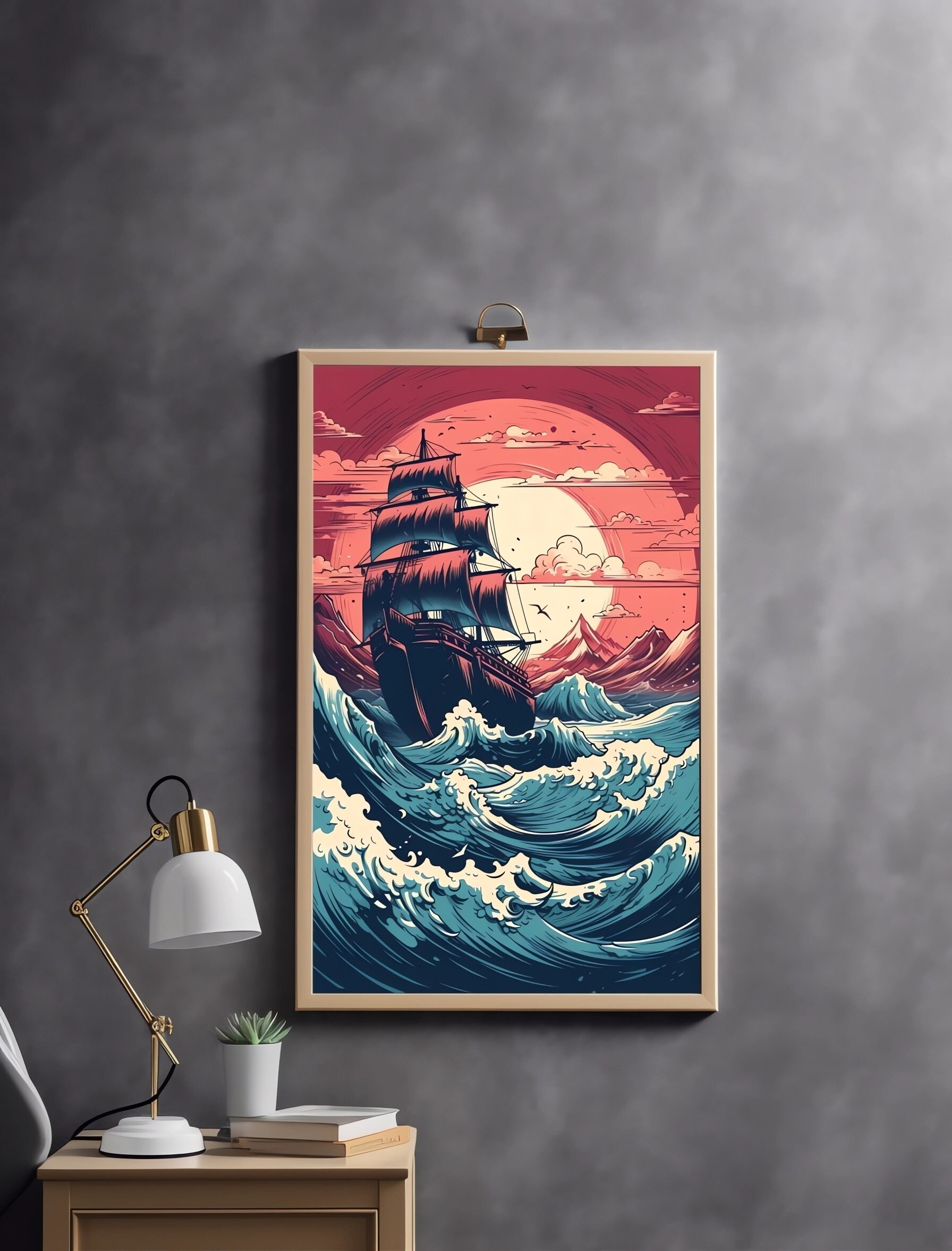 Pirate Ship on the Ocean Print, Printable Digital Poster, Nautical ...