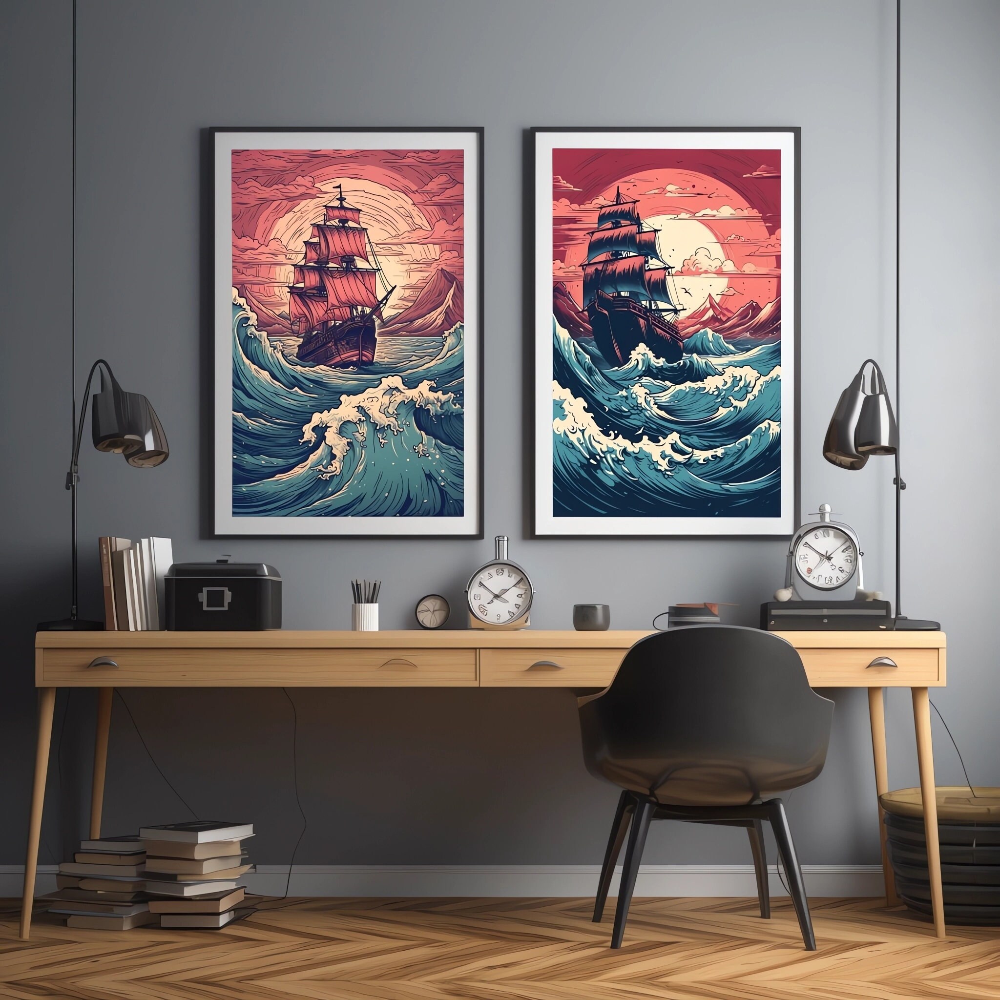 Pirate Ship on the Ocean Print, Printable Digital Poster, Nautical ...