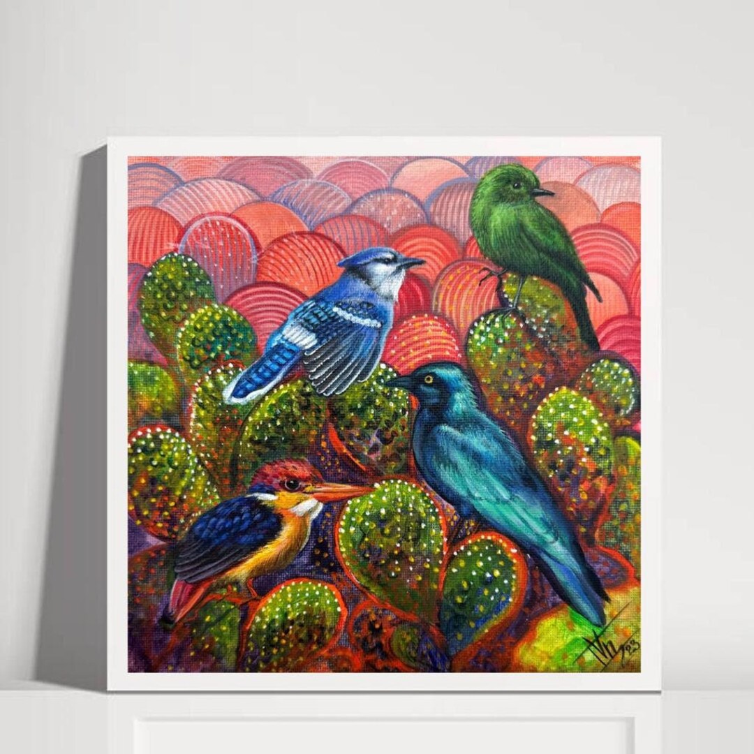 Original Acrylic Painting Birds In Cacti Hand Painted 7 9 By 7 9 By