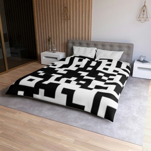 QR Code Print Duvet Cover, Abstract Black and White Bedding, Geometric ...