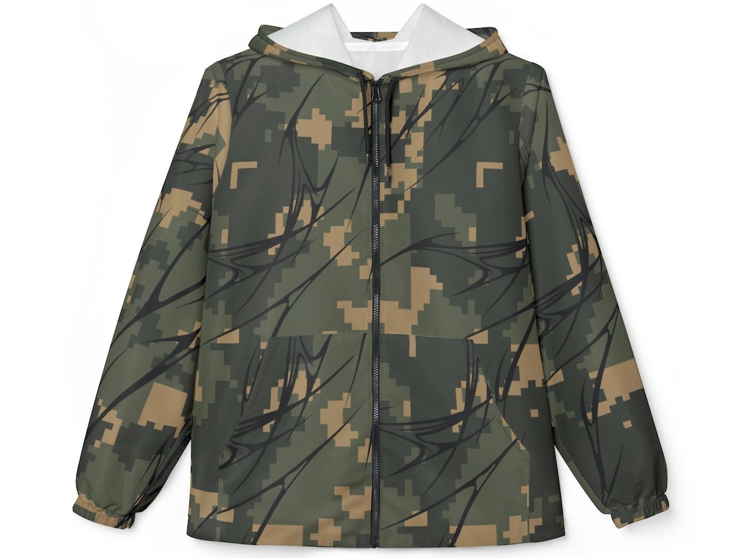 Cyber Sigil Camo Windbreaker Jacket, Hooded Digital Camouflage Raincoat ...