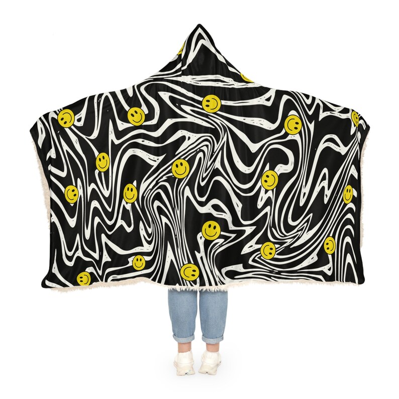 Trippy Smiley Zebra Trance Hooded Cloak, Abstract Psychedelic Boho Raver Blanket Festival Shawl ...