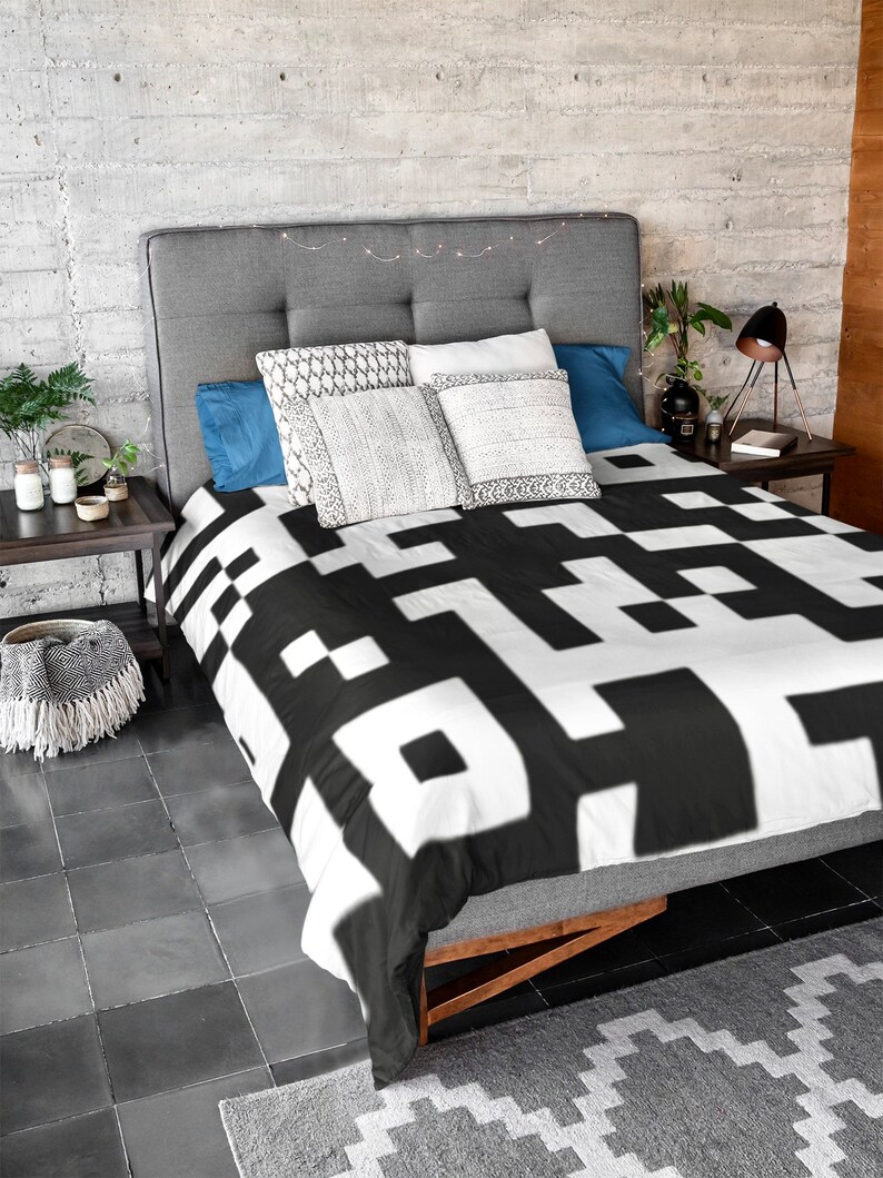 QR Code Print Duvet Cover, Abstract Black and White Bedding, Geometric ...