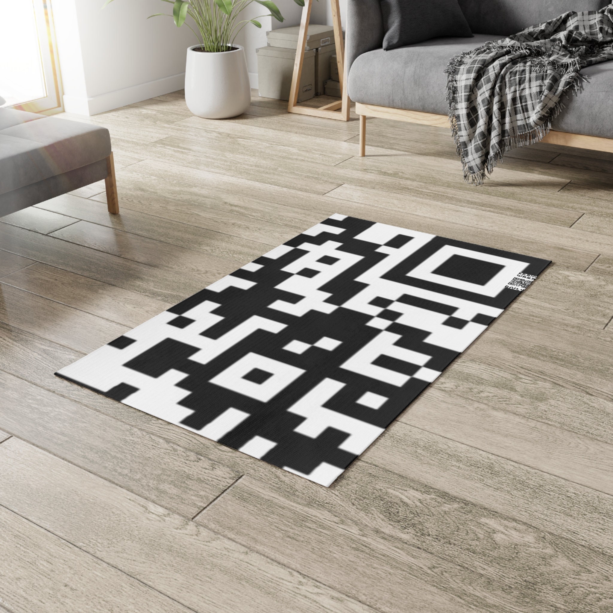 QR Code Print Foyer Rug, Edgy Black and White Living Room Rug Small ...
