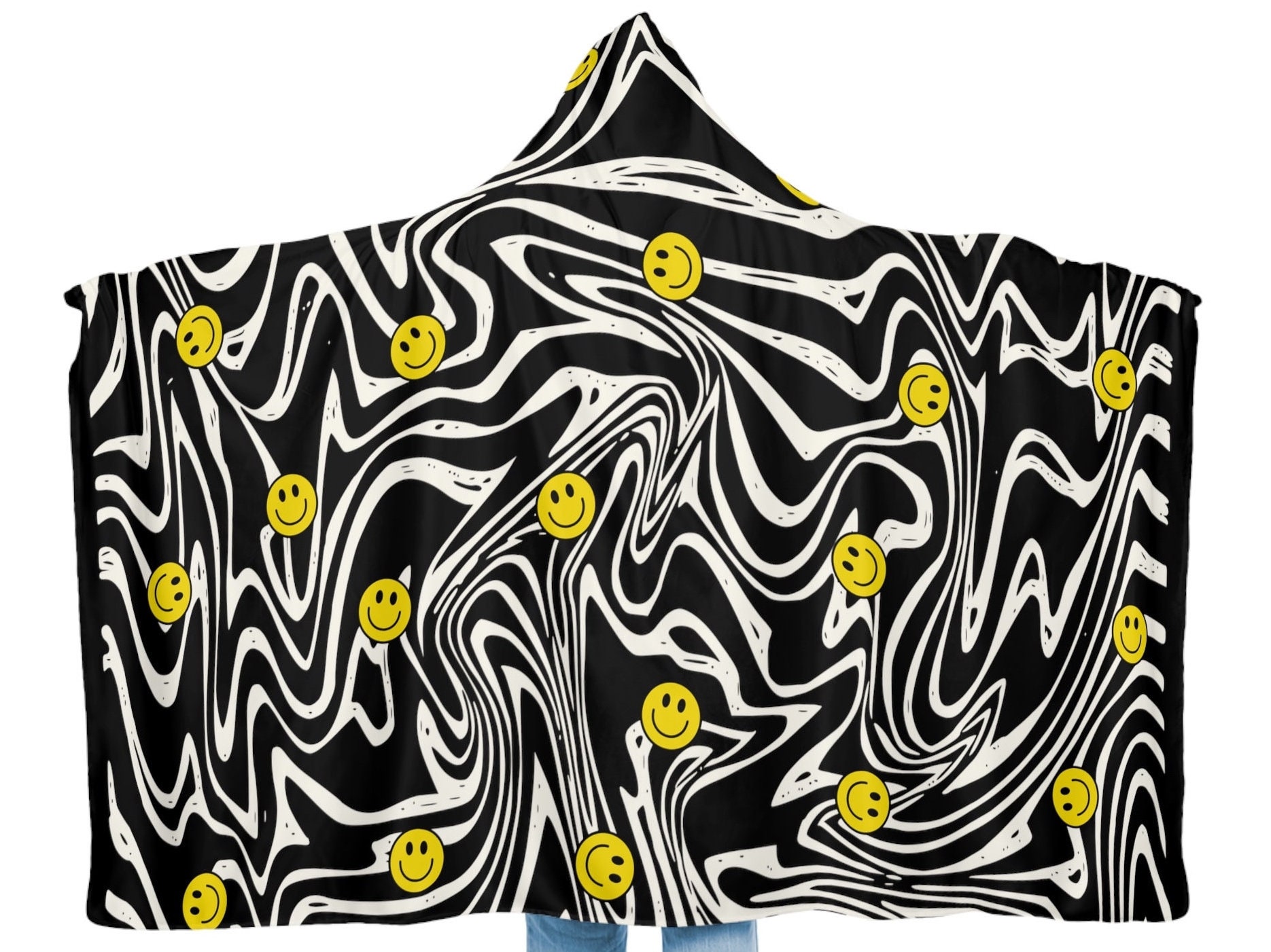 Trippy Smiley Zebra Trance Hooded Cloak, Abstract Psychedelic Boho Raver Blanket Festival Shawl ...