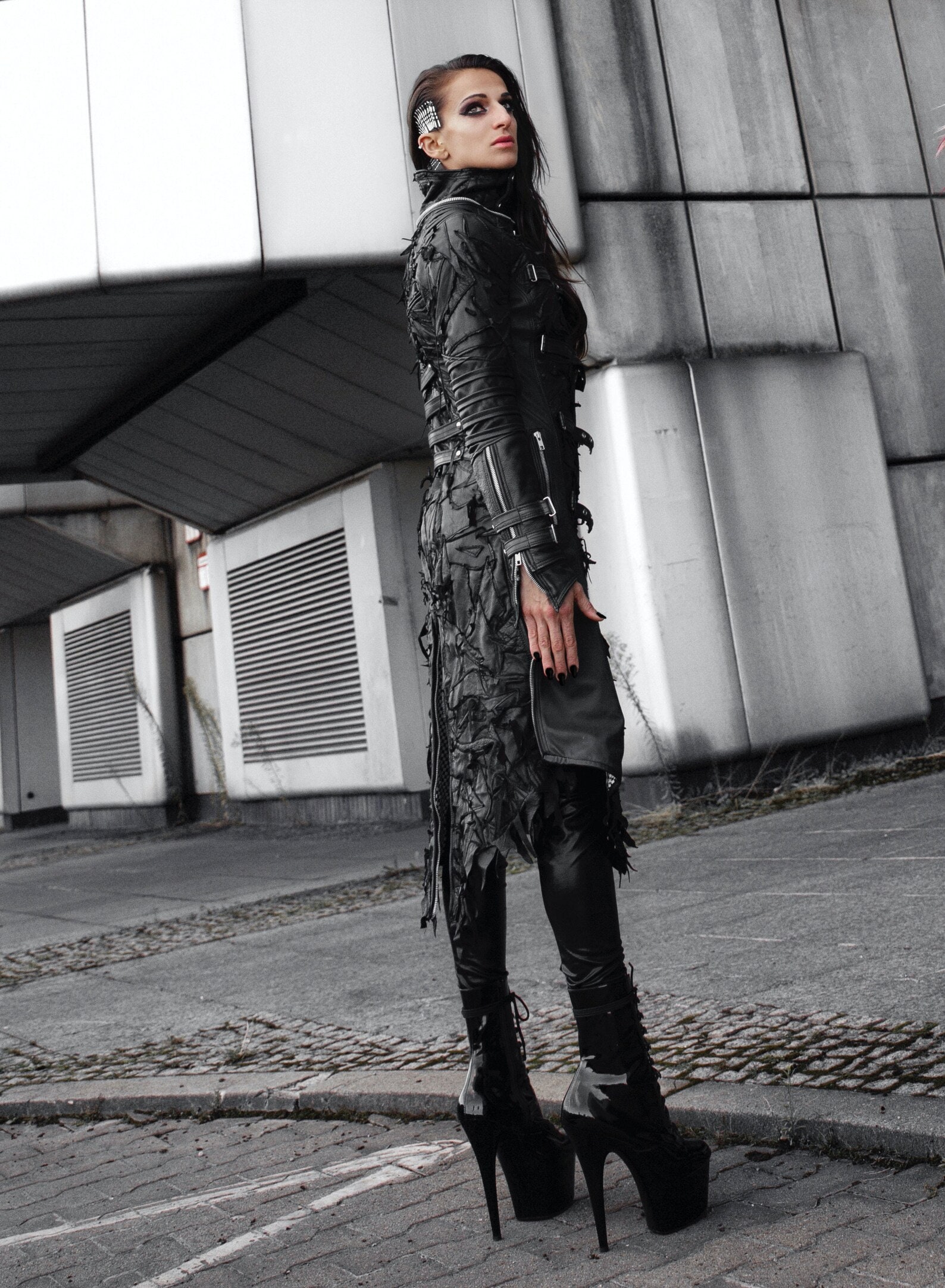 Chaos Style Recycled Leather Scrap Patchwork Cyberpunk Long Coat ...