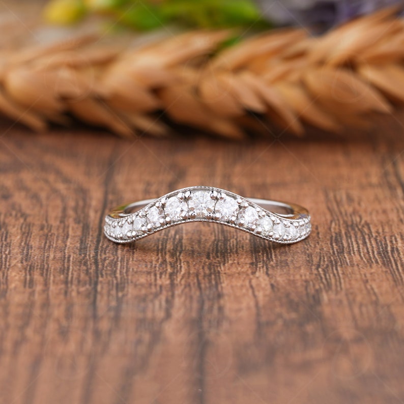 Art Deco Curved Wedding Band, U Shape Moissanite Band Women, Nesting ...