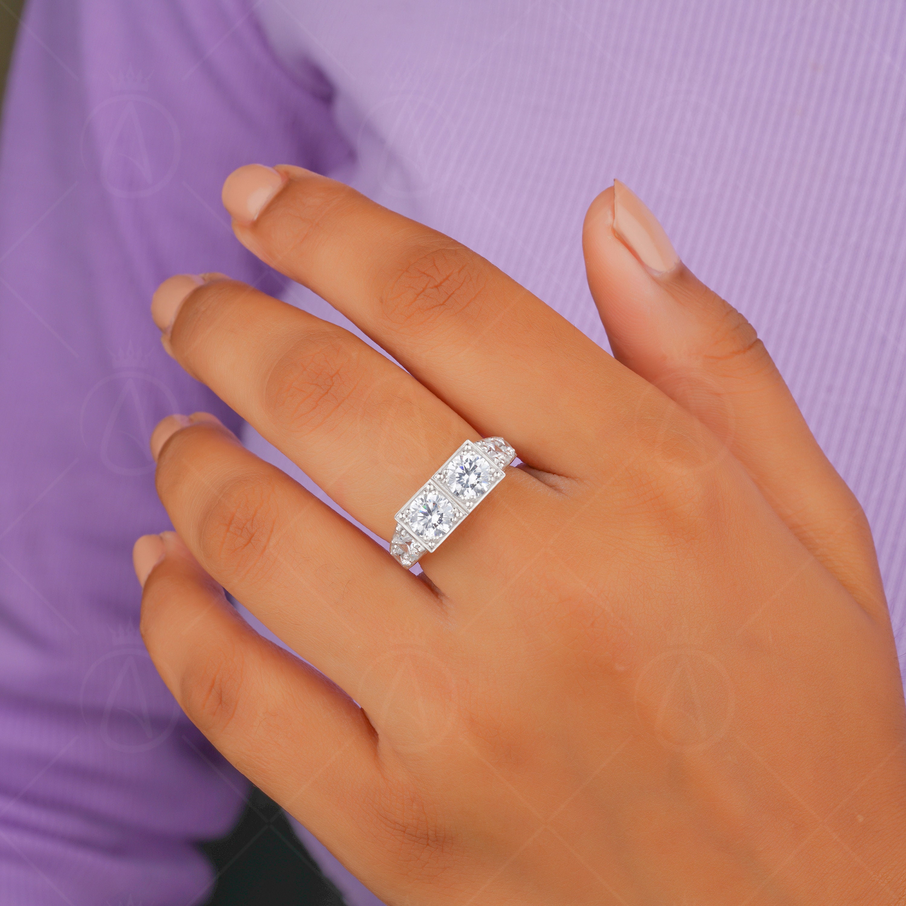 Two Stone Vintage Engagement Ring, 1920s Edwardian Style Moissanite ...