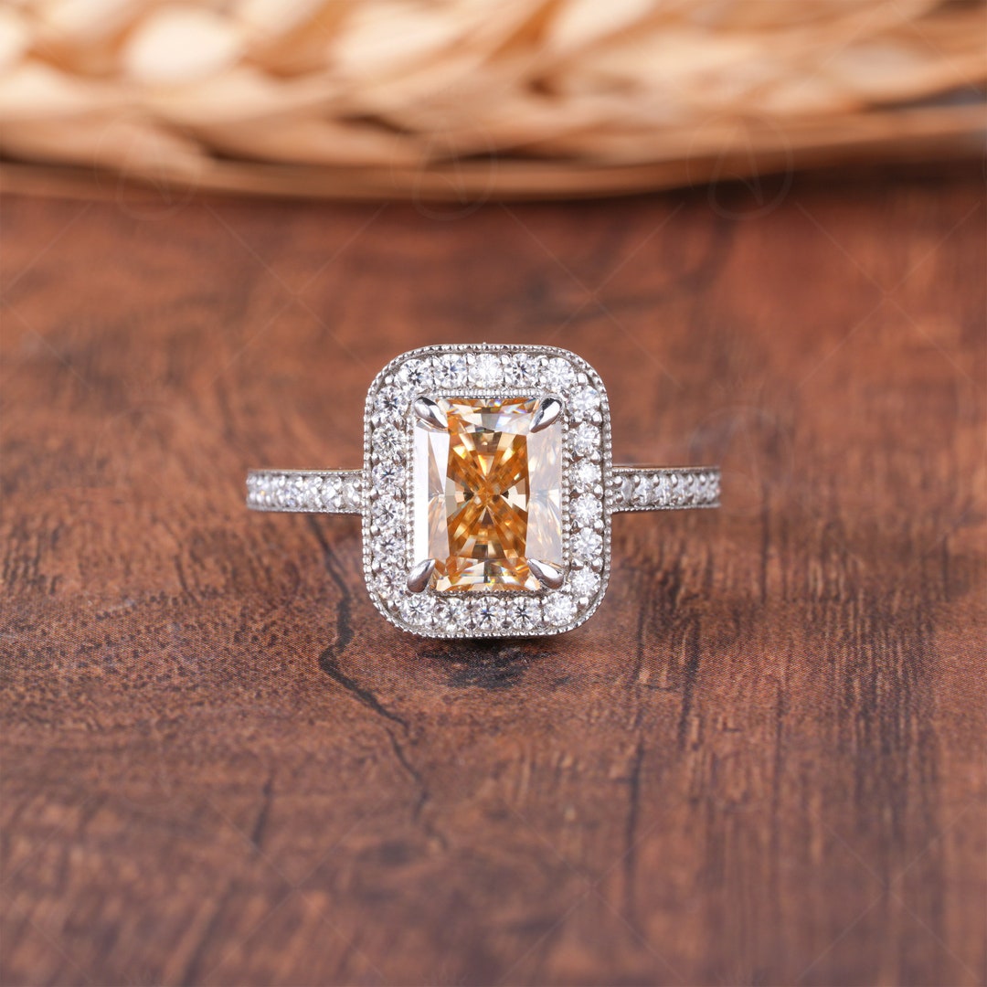 Champagne Color Radiant Cut Halo Engagement Ring, Art Deco Milgrain ...
