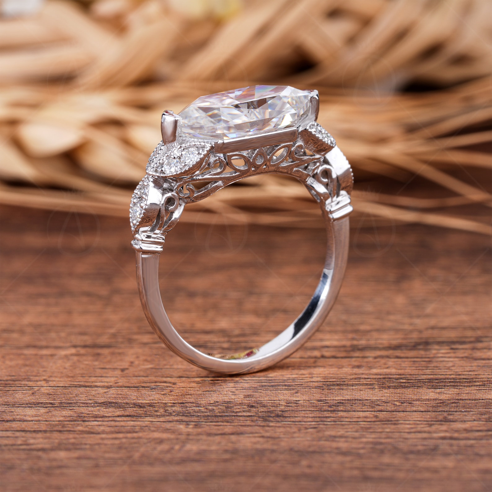 East West Dutch Marquise Cut Moissanite Ring, Art Deco Horizontal ...