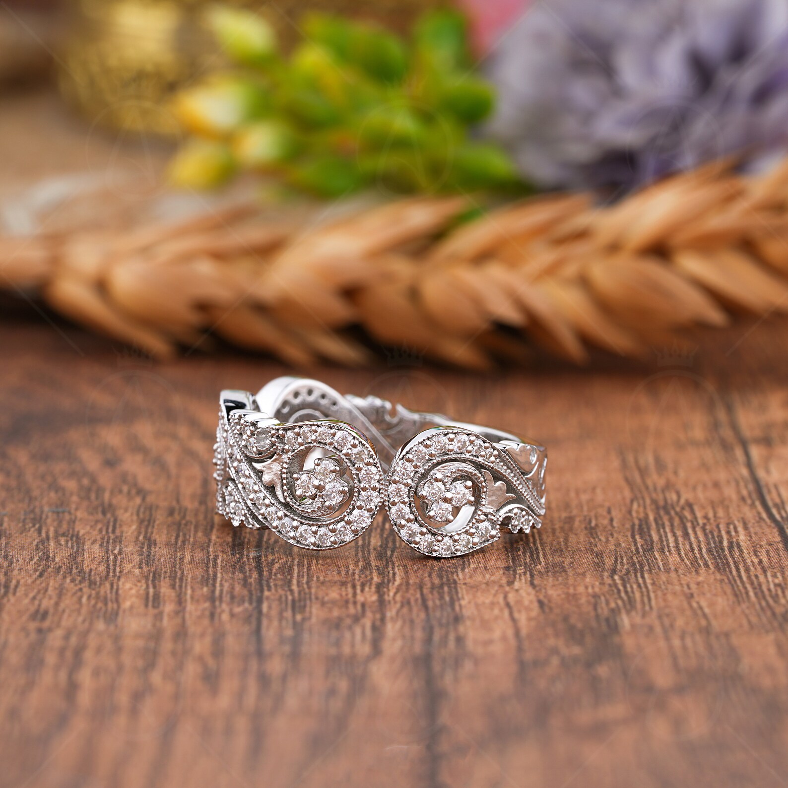 Infinity Style Art Deco Anniversary Rings, Unique Moissanite Wide Bands ...