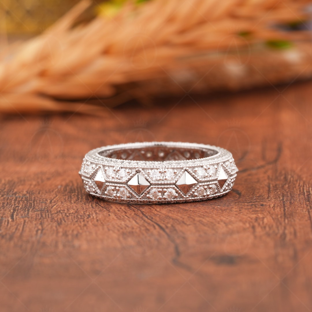 Moissanite Full Eternity Band, Vintage Filigree Wedding Band, Carved ...