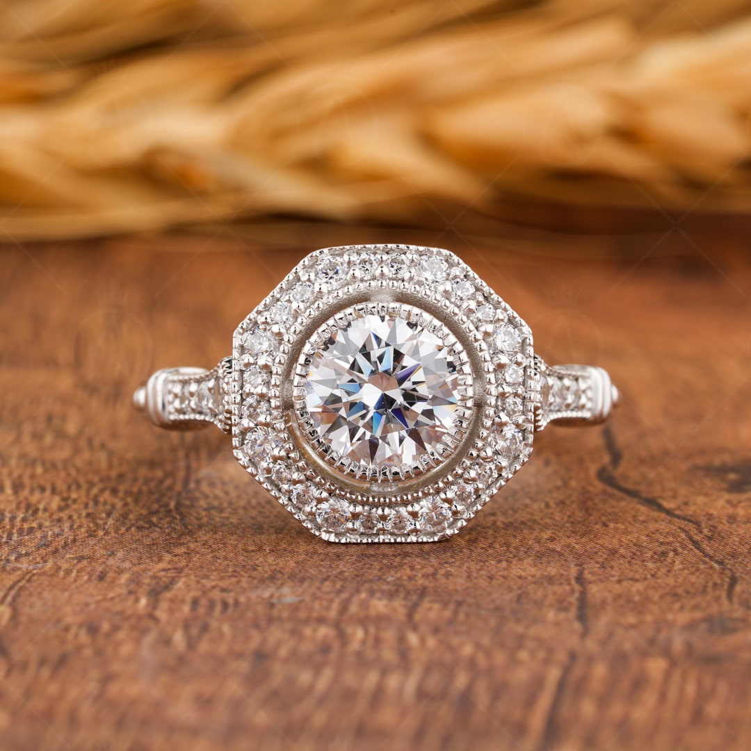 Octagon Shape Ring, Art Deco Style Moissanite Ring, Vintage Inspired ...