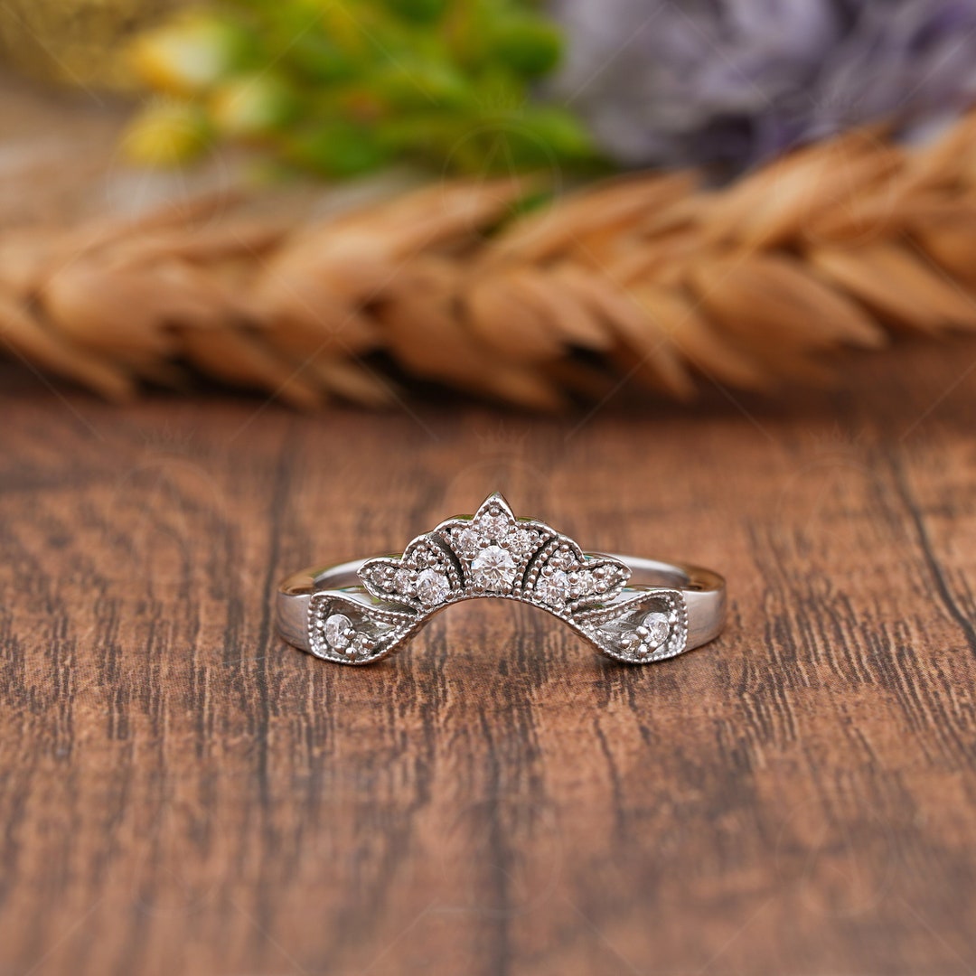 Vintage Curved Wedding Bands Women, Art Deco Moissanite Nesting Band ...