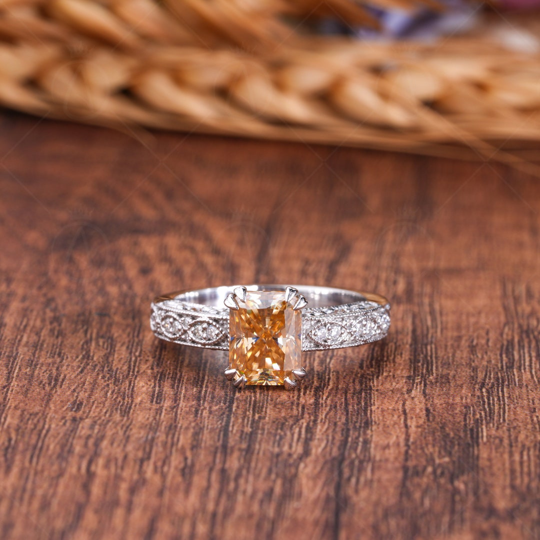 Champagne Color Radiant Cut Moissanite Engagement Ring, Brown Color ...