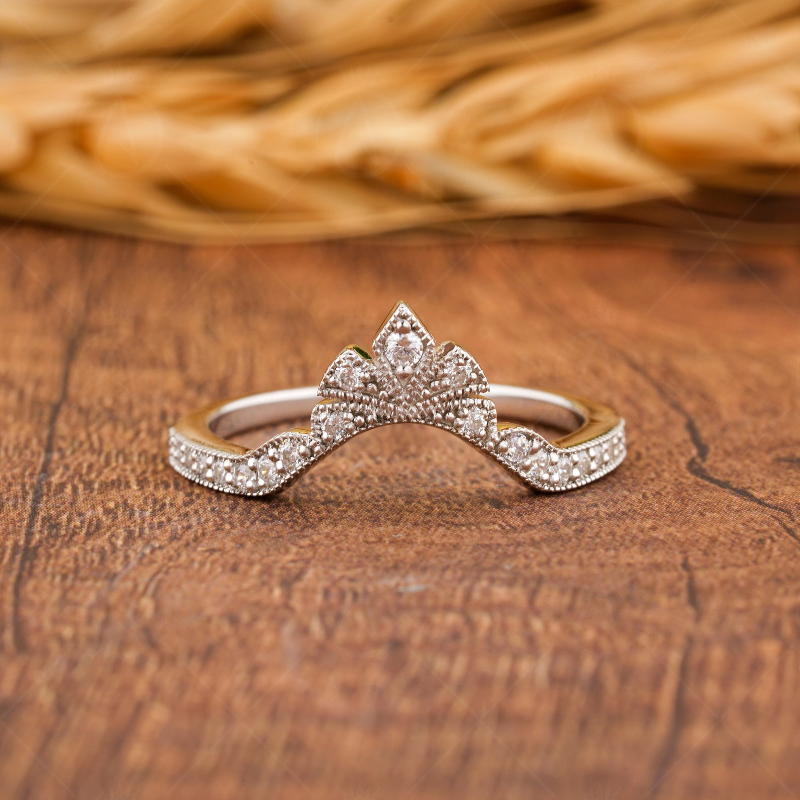 Crown Moissanite Wedding Band, Art Deco Milgrain, Vintage Nesting Ring ...