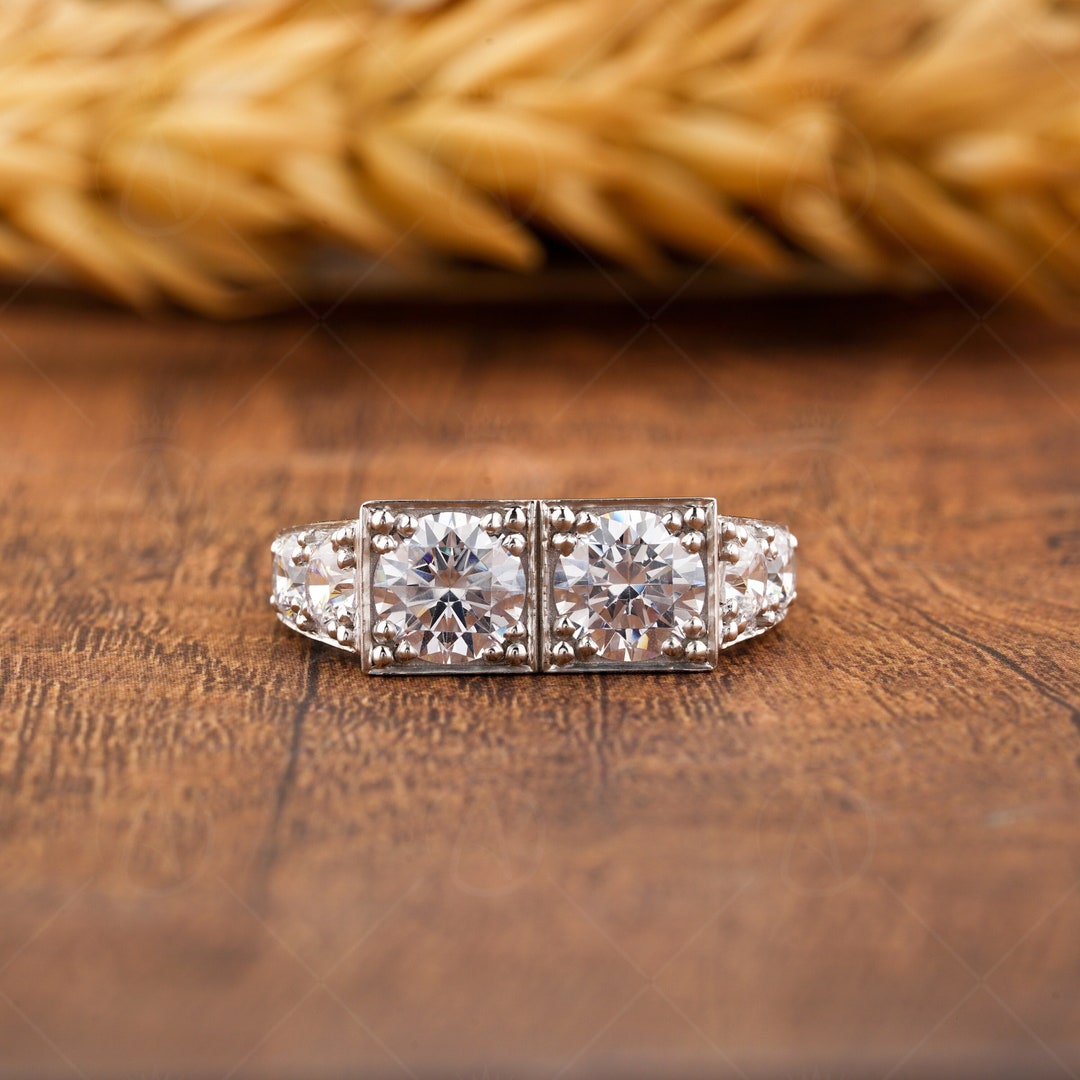 Two Stone Vintage Engagement Ring, 1920s Edwardian Style Moissanite ...