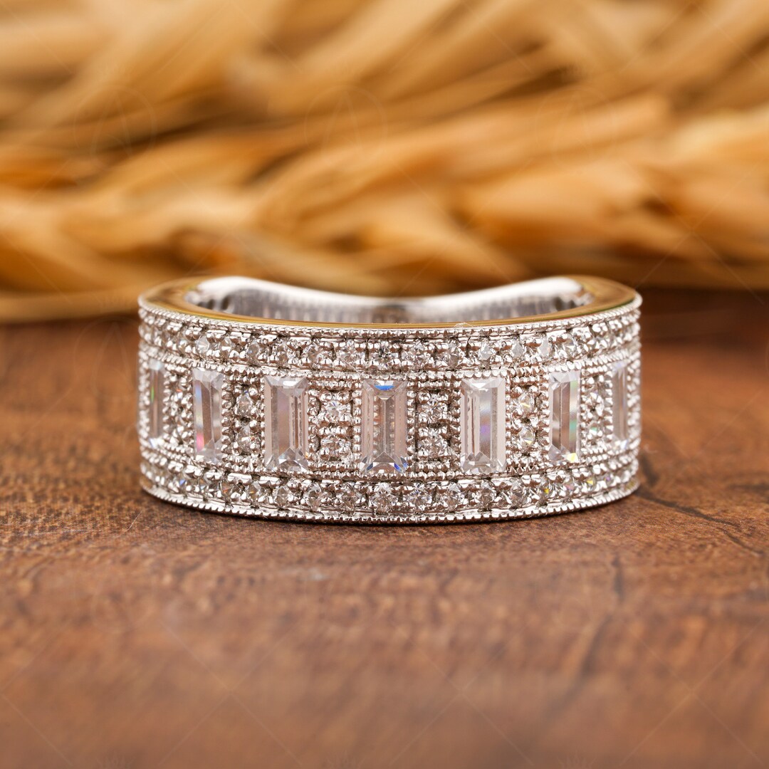 Vintage Milgrain Wedding Band, Wide Band Rings for Women, Baguette and ...