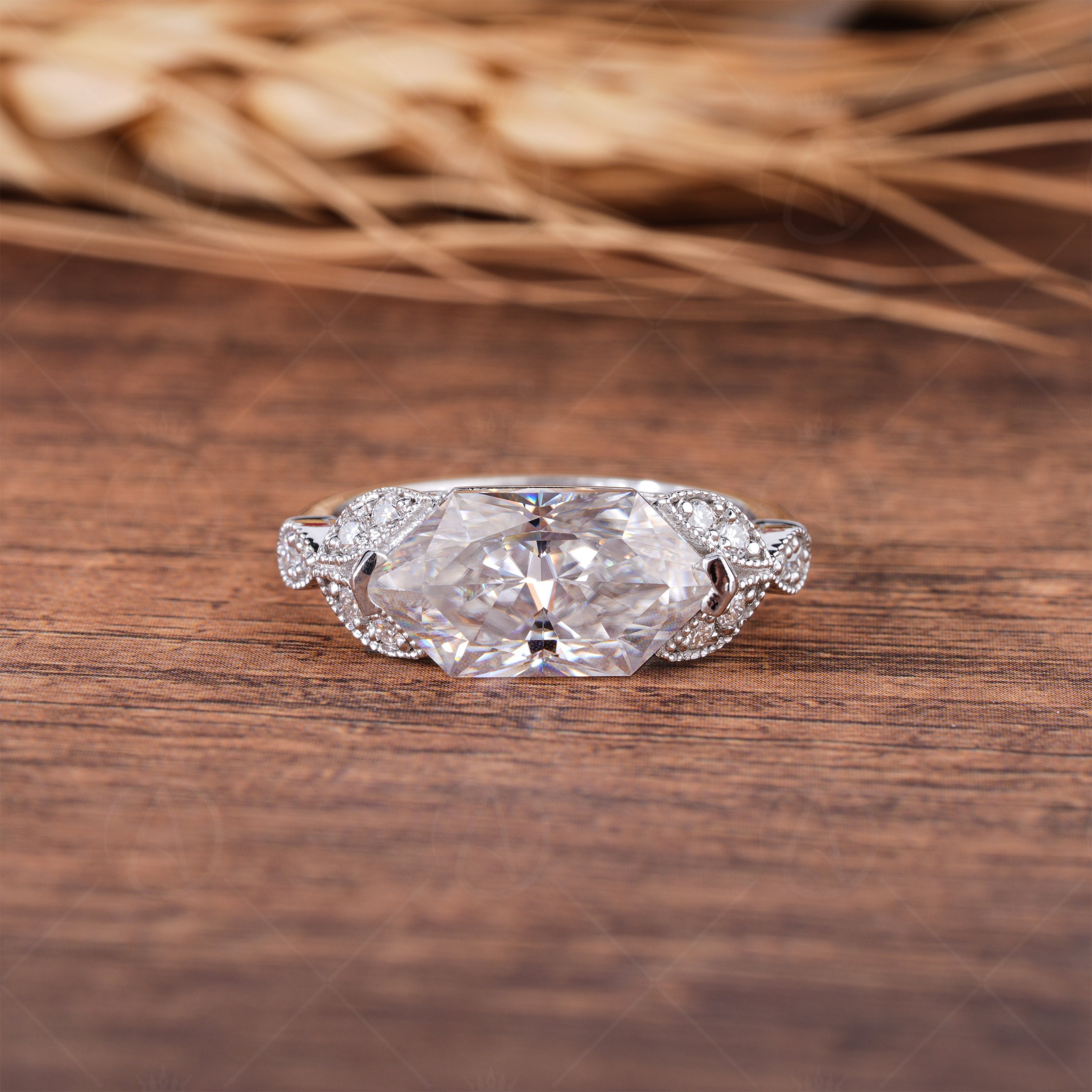 East West Dutch Marquise Cut Moissanite Ring, Art Deco Horizontal ...