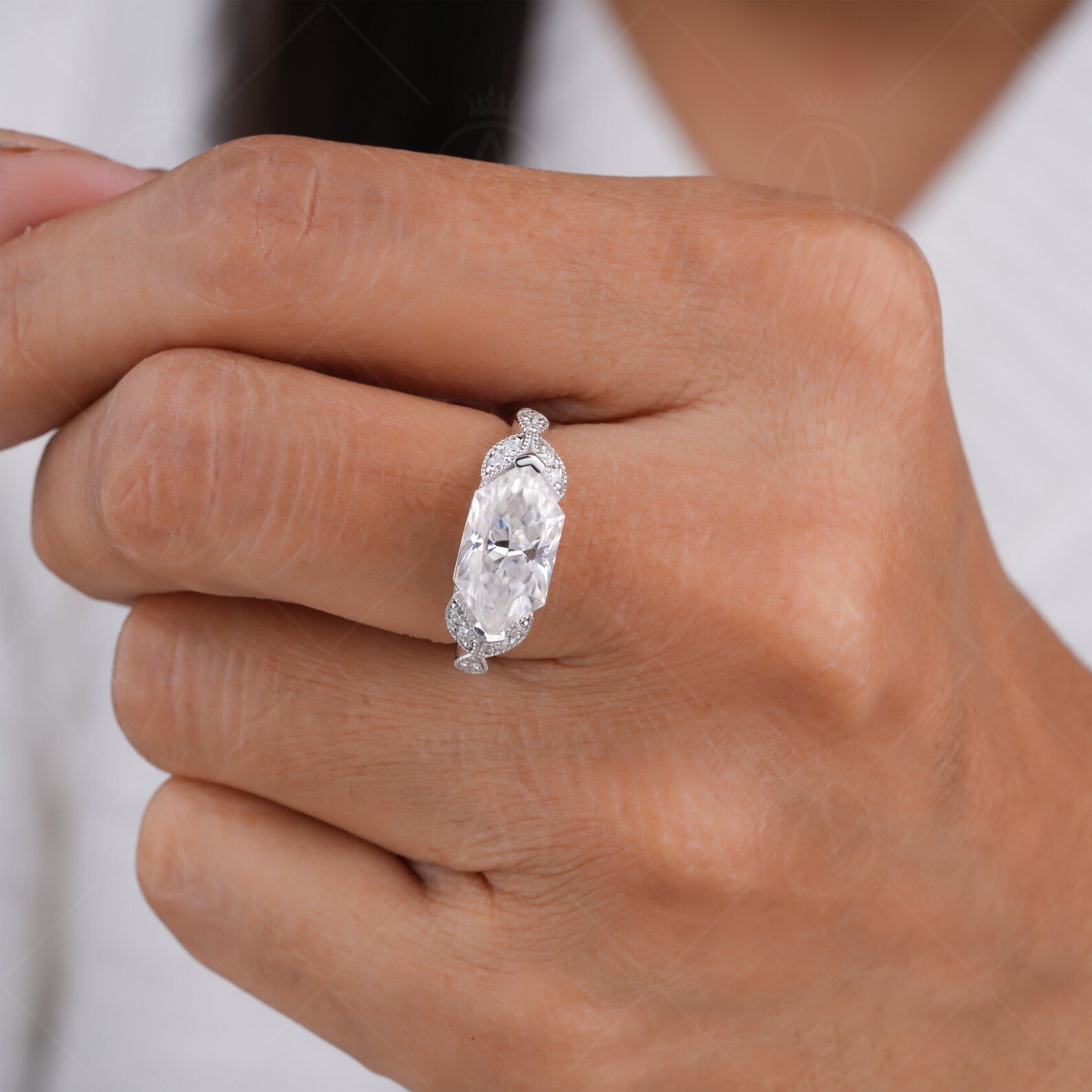 East West Dutch Marquise Cut Moissanite Ring, Art Deco Horizontal ...