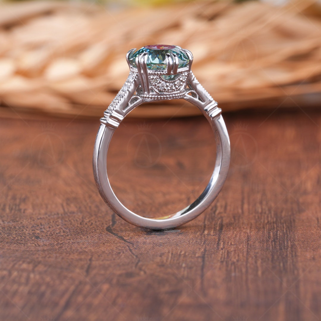 Cyan Blue Portuguese Cut Moissanite Ring, Art Deco Unique Engagement ...