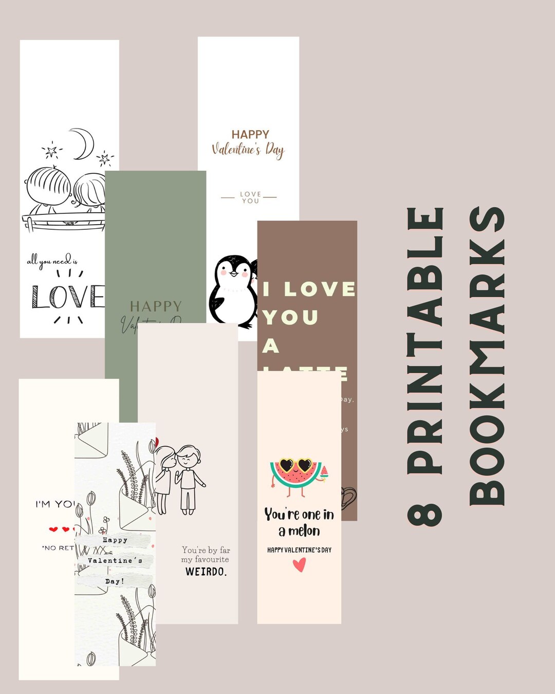 Valentine's Day Printable Bookmark Template, Set of 8 Printable ...